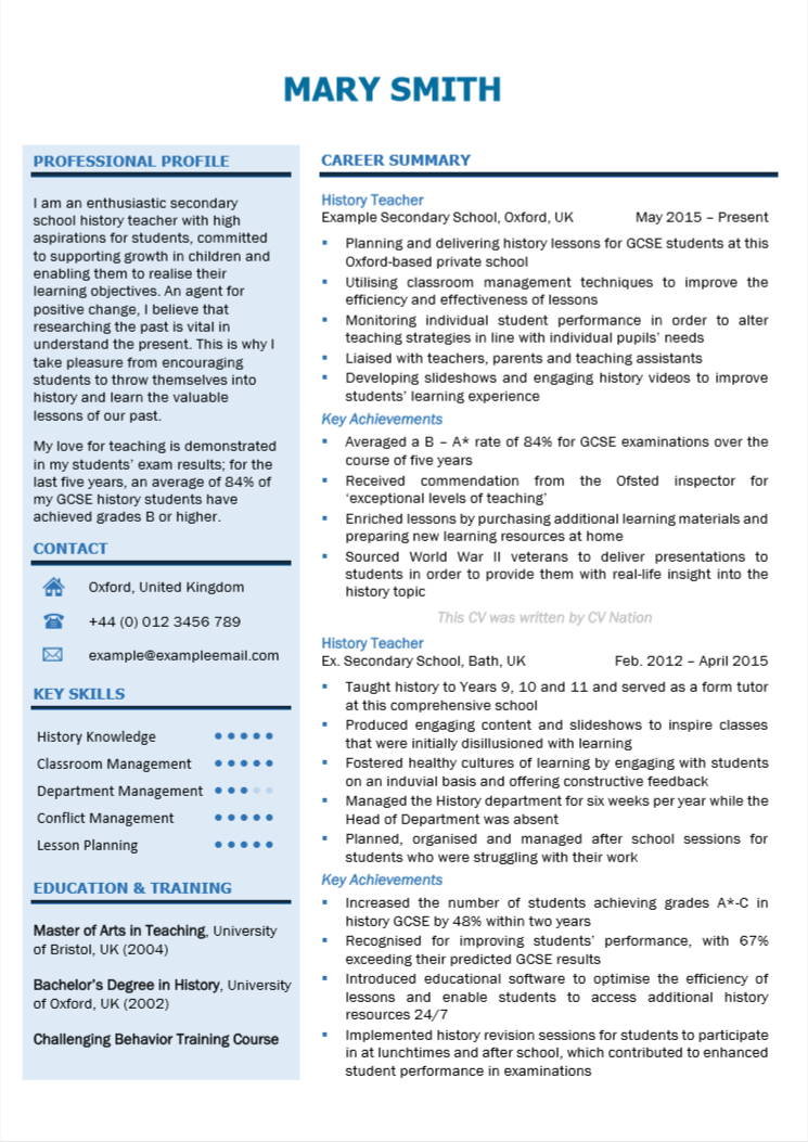Professional Cv For A Teacher Teacher Cv Example Writing Guide Tips 