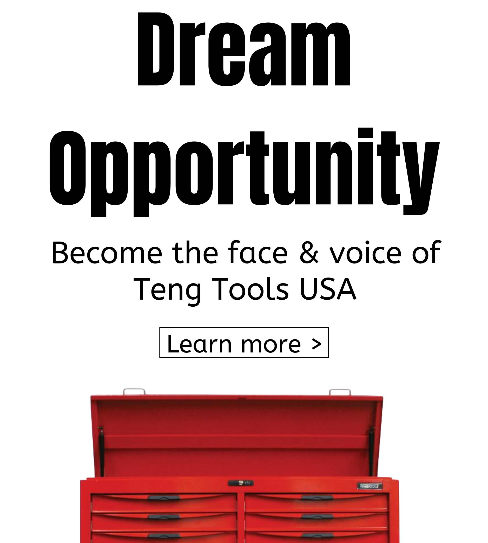 Dream Opportunity. Become the face and voice of Teng Tools USA. Learn more.