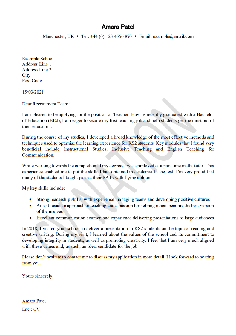 Cover Letter Example Teaching Job Home Work